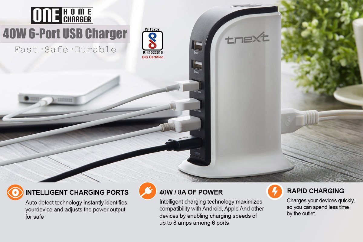 Tnext 40Watt 6-Port High Speed USB Charger with Intelligent USB Quick ...